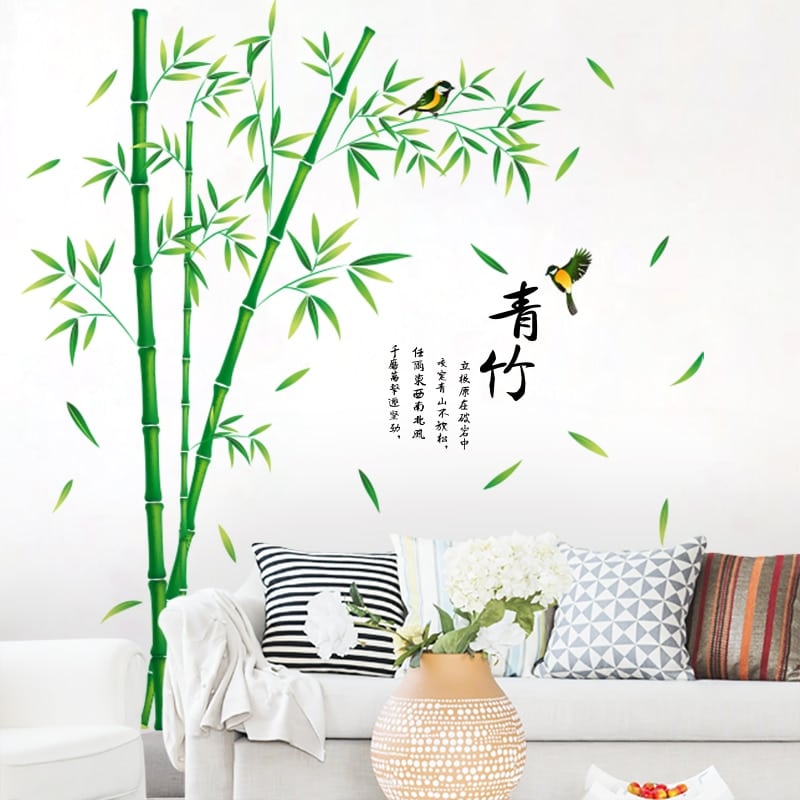 Stickers muraux en bambou vert en vinyle, accessoires de décoration de ...